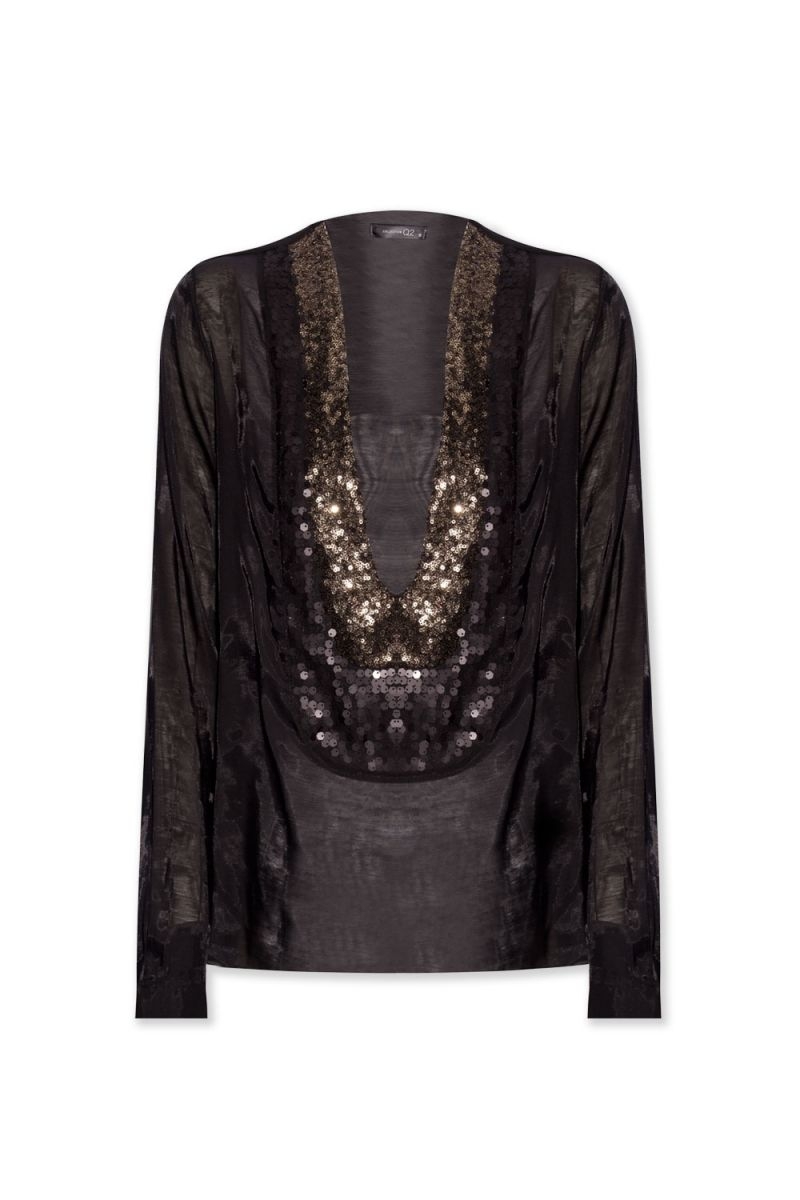 blusa de seda negra transparente con lentejuelas doradas de q2