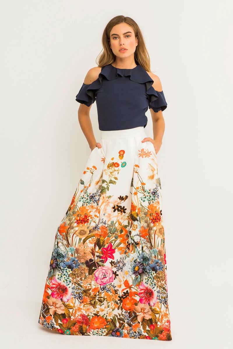 Falda Larga Vuelo Blanca Estampada Flores Ajustada Cintura