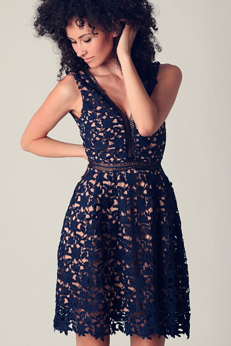 Vestido Azul De Encaje Floral Para Fiestas